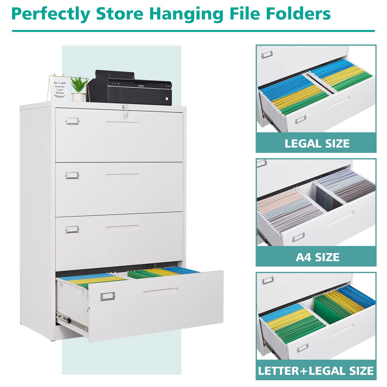 MIIIKO 4 Drawer Lateral File Cabinet with Lock, Black Office Filing Cabinet with Lock, Metal Horizontal Storage Cabinet with Large Drawers for Hanging Letter Legal File Folders