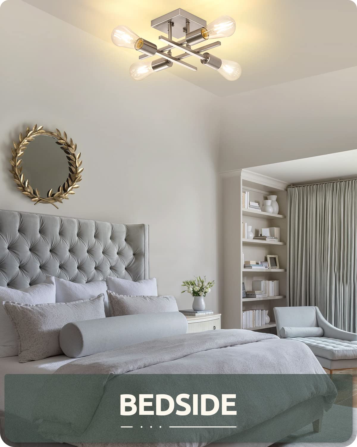 Eietonte Industrial 4-Light Semi Flush Mount Ceiling Light Fixture, Modern Brushed Nickel Chandelier Lighting, Farmhouse E26 Base Sputnik Ceiling Lamp for Kitchen Bedroom Living Room Hallway
