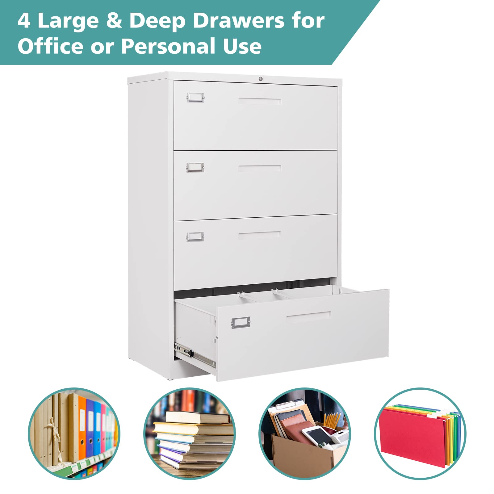 MIIIKO 4 Drawer Lateral File Cabinet with Lock, Black Office Filing Cabinet with Lock, Metal Horizontal Storage Cabinet with Large Drawers for Hanging Letter Legal File Folders