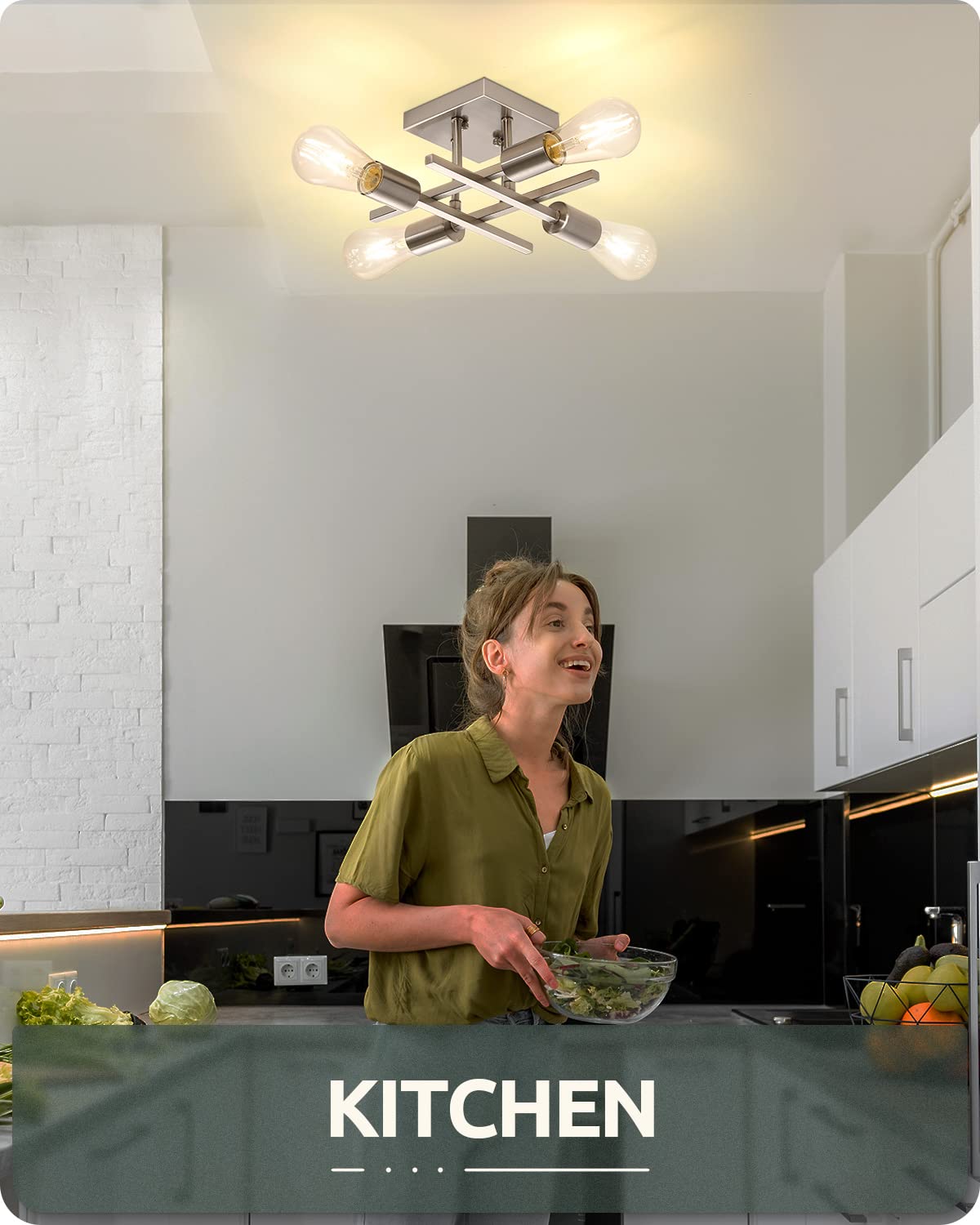 Eietonte Industrial 4-Light Semi Flush Mount Ceiling Light Fixture, Modern Brushed Nickel Chandelier Lighting, Farmhouse E26 Base Sputnik Ceiling Lamp for Kitchen Bedroom Living Room Hallway