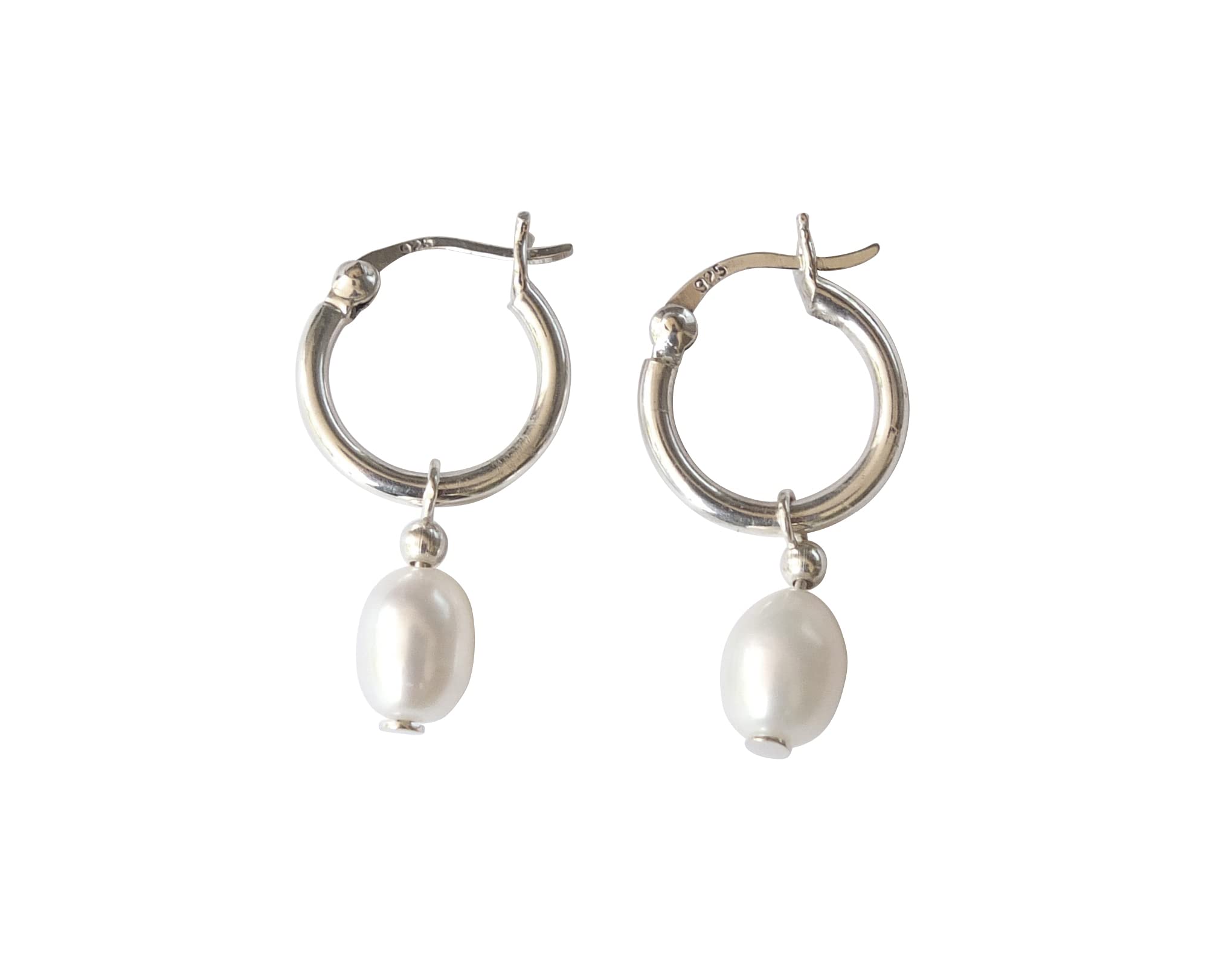 925 Sterling Silver Oval Pearl 14mm Hoop Earrings for women - Small Dainty Hoops | Handmade by MiYa Jewelry creations