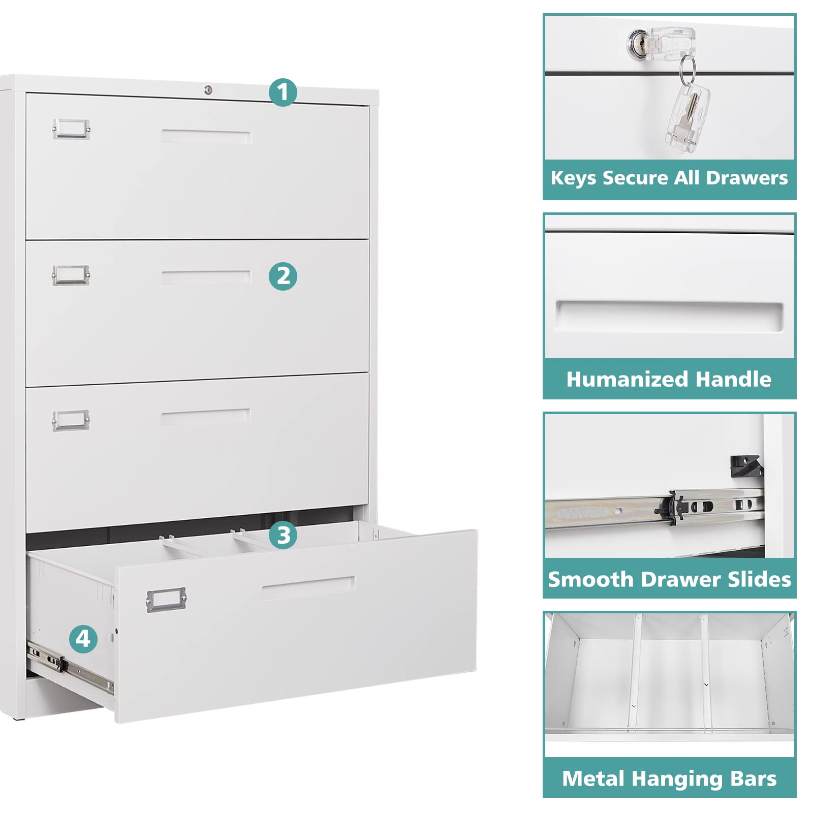 MIIIKO 4 Drawer Lateral File Cabinet with Lock, Black Office Filing Cabinet with Lock, Metal Horizontal Storage Cabinet with Large Drawers for Hanging Letter Legal File Folders