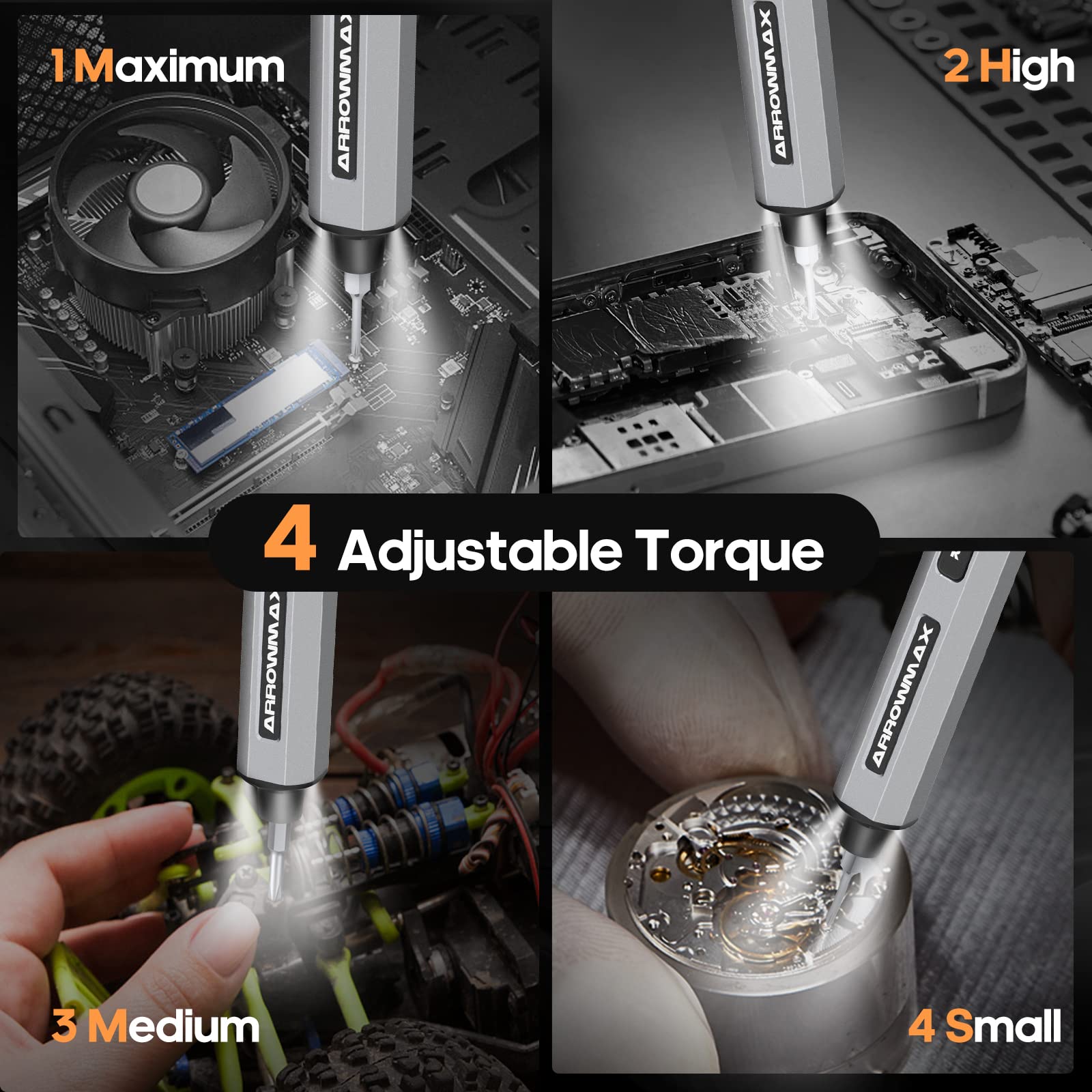 AM ARROWMAX Electric Screwdriver, 102 in 1 Precision Screwdriver w/ 96 Magnetic Bits, 4 Torque Modes, Red Dot, IF Winning Design, Rechargeable Cordless Screwdriver for Phone, Laptop (SES PLUS) Grey