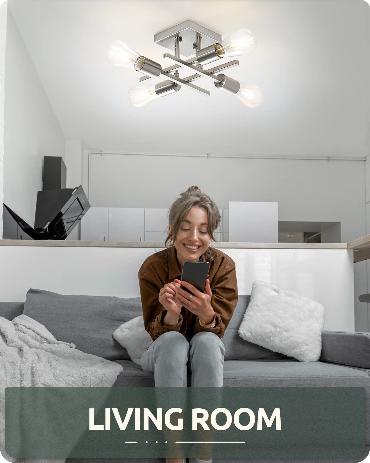Eietonte Industrial 4-Light Semi Flush Mount Ceiling Light Fixture, Modern Brushed Nickel Chandelier Lighting, Farmhouse E26 Base Sputnik Ceiling Lamp for Kitchen Bedroom Living Room Hallway