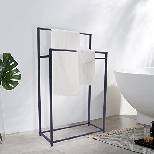 2 Tier Bathroom Towel Rack, Modern Metal Freestanding Towel Rack Holder,Towel Organizer Stand Drying Rack for Bathroom,Black,Load 22lbs