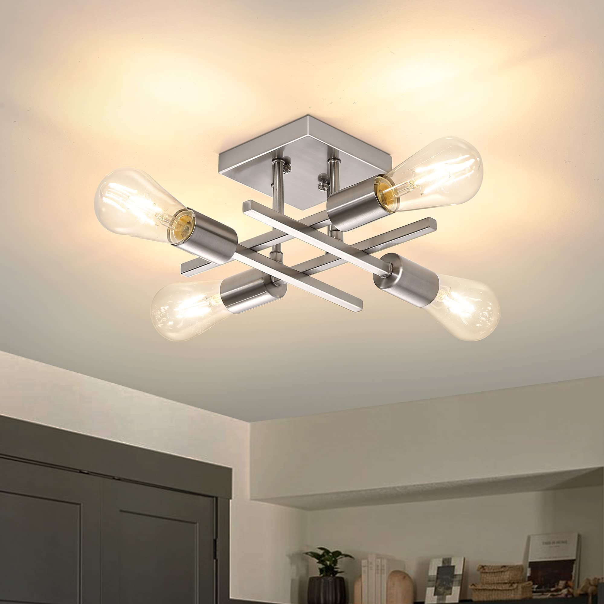 Eietonte Industrial 4-Light Semi Flush Mount Ceiling Light Fixture, Modern Brushed Nickel Chandelier Lighting, Farmhouse E26 Base Sputnik Ceiling Lamp for Kitchen Bedroom Living Room Hallway