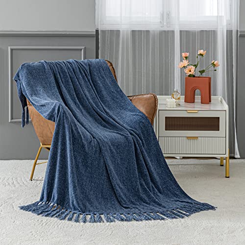 QUILTINA Super Value Fleece Throw Blankets for Couch, Lightweight Bed Blanket with Tassel for All Seasons, Spring/Summer Soft Blanket for Decoration & Outdoor Use (60'' x 50'' Blue)