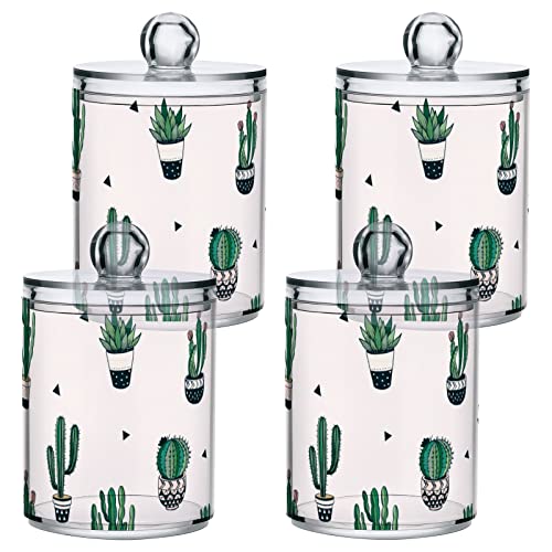 Fustylead 4 Pack Vintage Cactus Plastic Apothecary Jars with Lid, Bathroom Vanity Storage Organizer Canister for Qtip, Cotton Ball, Swab, Round Pads, Floss