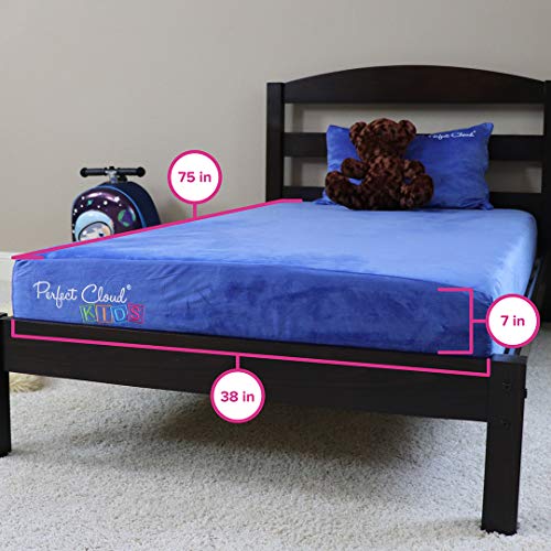 Perfect Cloud Made in The USA Kids Plush 7-inch Memory Foam Twin Mattress, Shredded Foam Pillow, and Teddy Bear for Day/Trundle/Bunk Bed - (Blue)