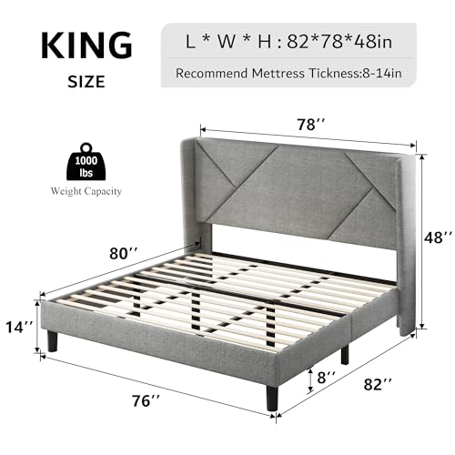 iPormis King Size Wingback Bed Frame, Modern Platform Bed with Minimalist Headboard, 8-in Storage Space/Heavy-Duty Structure/No Box Spring Needed/Noise-Free, Light Gray