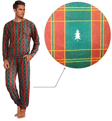 Ekouaer Men Christmas Pajamas Buffalo Plaid Xmas Tree Prints PJ's Long Sleeve Plaid Top with Full Length Pants 2 pieces Sleepwear