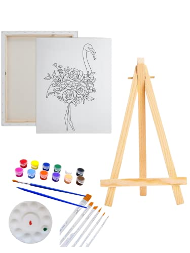Essenburg Pre Drawn Canvas Flower Flamingo Paint Kit | Adult & Teen Sip and Paint Party Favor | DIY Date Night Couple Activity FLAMINGO (M 12X16 PAINT. EASLE, 10 PAINT BRUSHES)