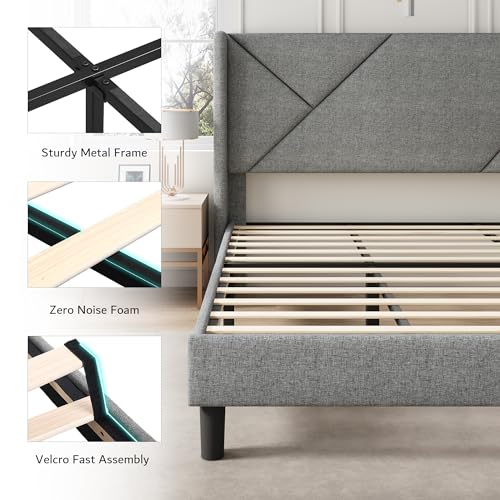 iPormis King Size Wingback Bed Frame, Modern Platform Bed with Minimalist Headboard, 8-in Storage Space/Heavy-Duty Structure/No Box Spring Needed/Noise-Free, Light Gray