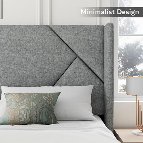 iPormis King Size Wingback Bed Frame, Modern Platform Bed with Minimalist Headboard, 8-in Storage Space/Heavy-Duty Structure/No Box Spring Needed/Noise-Free, Light Gray