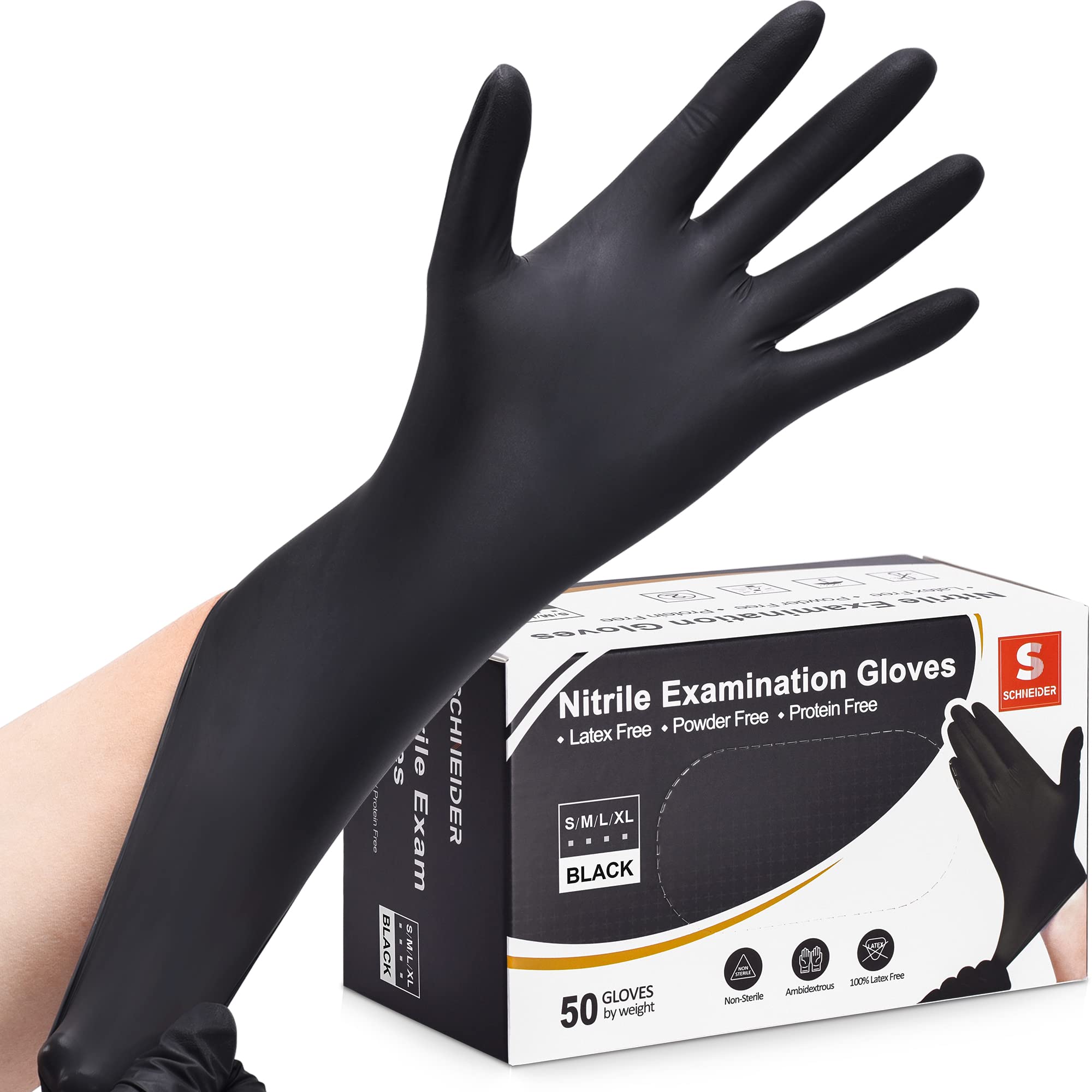 Schneider Nitrile Exam Gloves, Black, Medium, 50-ct Box, 4-mil, Latex-Free, Powder-Free, Food-Safe (NBFK7112)