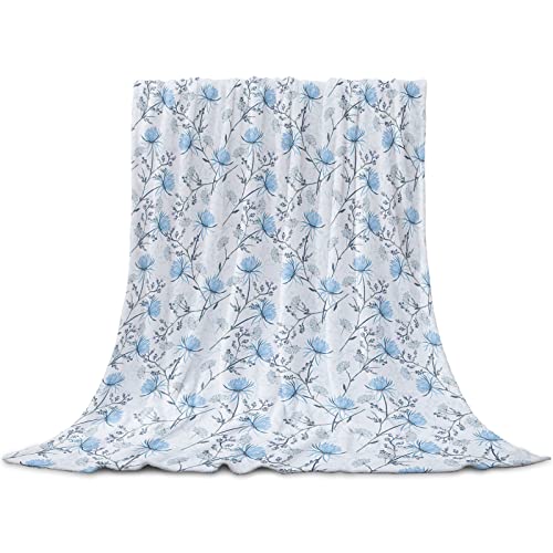 Blue Flowers Throw Blankets Gifts, Soft Flannel Fleece Microfiber Blankets, Warm Bed Blanket Throws for Chair Sofa Couch Bedroom Camper 50x80 in Rustic Floral Seasonal Summer Spring