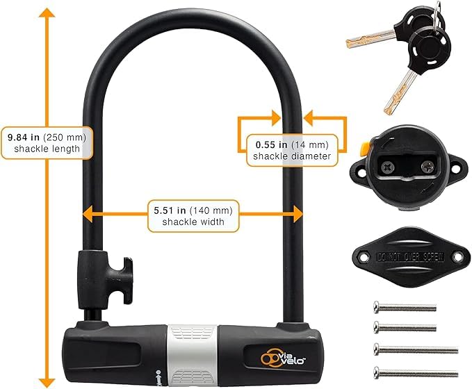 Via Velo 2 Bicycle U-Lock Set, Same Key System 4 Keyed Alike Keys, Heavy Duty Sold Secure 14mm Shackle and 10mm x 1.8m Cable with Mounting Bracket for Road Bike Mountain Bike Folding Bike