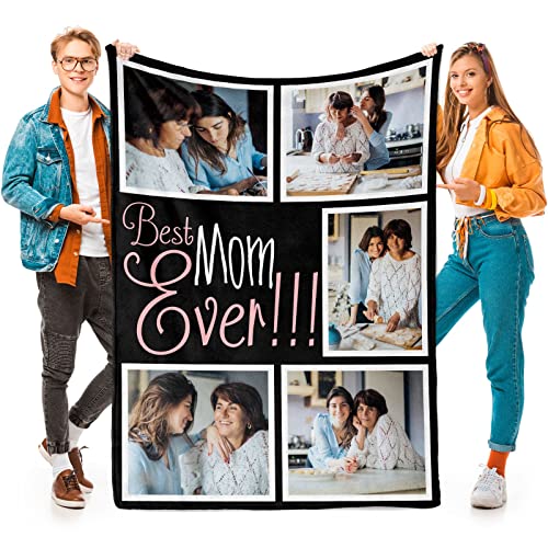 Printwoo Best Mom Ever Blanket Personalized with Own Photos, Custom Gifts for Mom, 1st from Husband, Mom Birthday Gifts from Daughter Son, Anniversary Valentines Day Gifts for Wife Customized