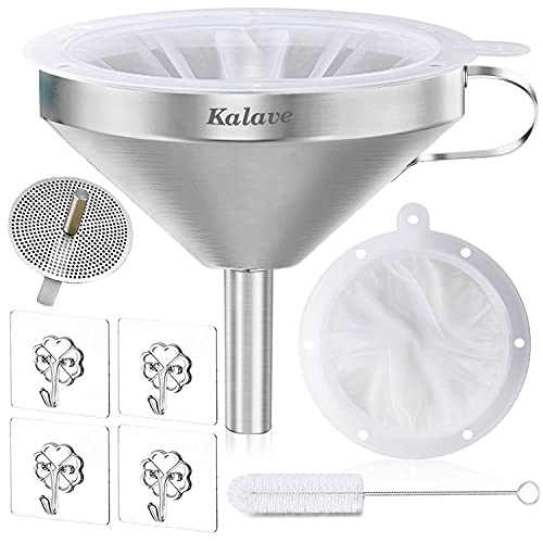 vorpower KALAVE Premium Stainless Steel Funnel, 5 Inch Food Grade Kitchen Funnels with 200 Mesh Food Filter Strainer, Metal Funnel for Filling Bottles, Food Funnel for Oils, Juice, Wine, Coffee, Milk