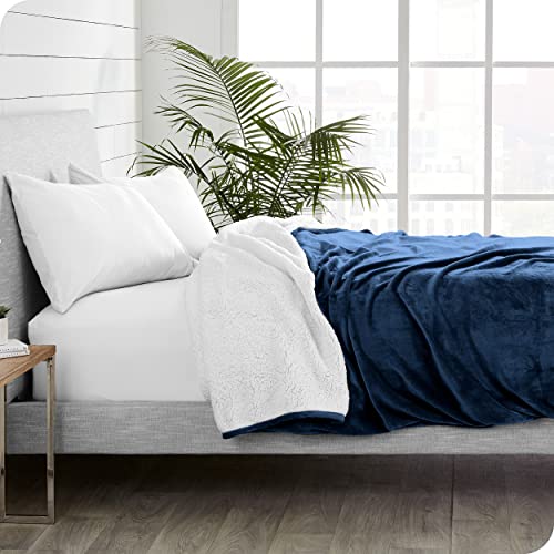 Bare Home Sherpa Fleece Blanket - Throw/Travel Blanket - Blanket for Bed, Sofa, Couch, Camping and Travel - Warm & Lightweight - Fluffy & Soft Plush Blanket - Reversible (Throw/Travel, Dark Blue)