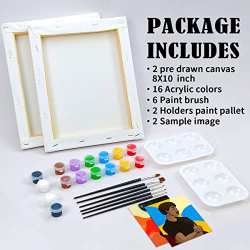 VOCHIC Couples Paint Party Kits Pre Drawn Canvas for Adults for Paint and Sip Date Night Games for Couples Painting kit 8x10 Afro Girl Boy (2 Pack) Valentine