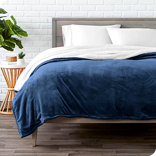 Bare Home Sherpa Fleece Blanket - Throw/Travel Blanket - Blanket for Bed, Sofa, Couch, Camping and Travel - Warm & Lightweight - Fluffy & Soft Plush Blanket - Reversible (Throw/Travel, Dark Blue)
