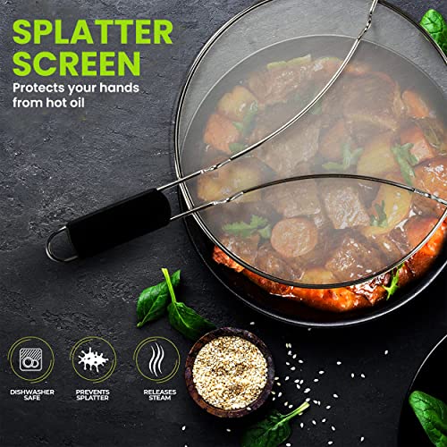 13" Grease Splatter Screen for Cooking | Stainless Steel Oil Splatter Guard and Ultra-Fine Mesh Protects Skin from Burns | TPR Tight-Grip Handle
