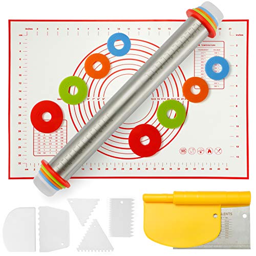 Rolling Pin with Adjustable Thickness Rings Stainless Steel 17.5" Dough Roller, 24"x16" Nonstick Silicone Pastry Mat Bench Dough Scraper Pizza Cutter Cake Smoothers Set for Baking Cookie Fondant Pie