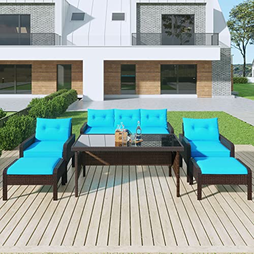EMKK Furniture 6 pcs Outdoor Patio Sectional Couch PE Wicker Rattan Sofas Set Dining Table with Removable Cushions and Tempered Glass Tea for Backyard, Poolside, Deck, Brown +Blue