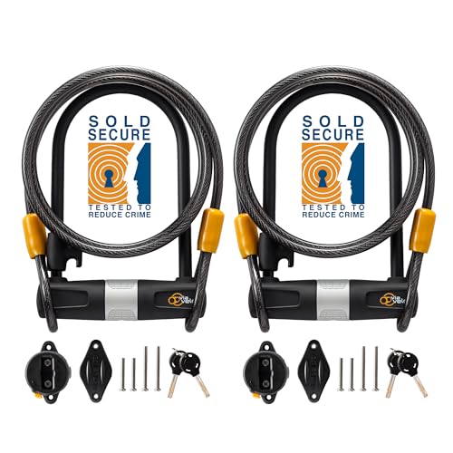 Via Velo 2 Bicycle U-Lock Set, Same Key System 4 Keyed Alike Keys, Heavy Duty Sold Secure 14mm Shackle and 10mm x 1.8m Cable with Mounting Bracket for Road Bike Mountain Bike Folding Bike