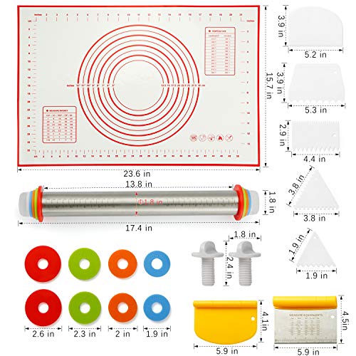 Rolling Pin with Adjustable Thickness Rings Stainless Steel 17.5" Dough Roller, 24"x16" Nonstick Silicone Pastry Mat Bench Dough Scraper Pizza Cutter Cake Smoothers Set for Baking Cookie Fondant Pie