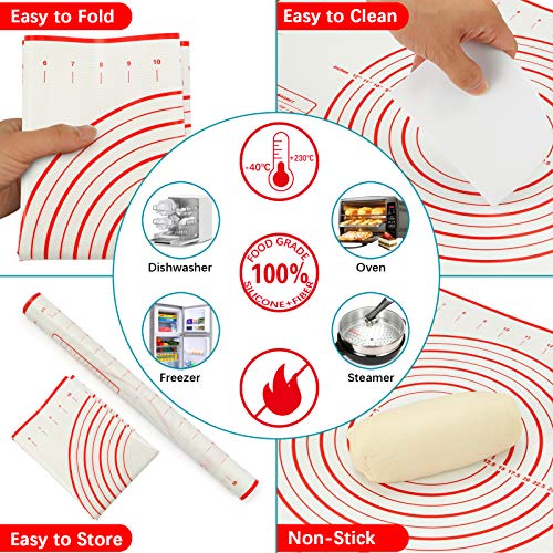 Rolling Pin with Adjustable Thickness Rings Stainless Steel 17.5" Dough Roller, 24"x16" Nonstick Silicone Pastry Mat Bench Dough Scraper Pizza Cutter Cake Smoothers Set for Baking Cookie Fondant Pie