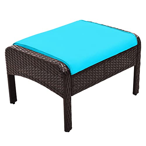 EMKK Furniture 6 pcs Outdoor Patio Sectional Couch PE Wicker Rattan Sofas Set Dining Table with Removable Cushions and Tempered Glass Tea for Backyard, Poolside, Deck, Brown +Blue
