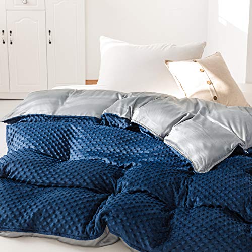 Sleepymoon Cool Organic Bamboo and Ultra Soft Minky Reversible Removable Duvet Cover for Adult Weighted Blankets Machine Washable for Hot and Cold Sleepers (Navy+Grey, 48″×72″)