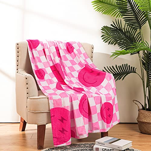 Hot Pink Preppy Throw Blanket Cute Flannel Soft Blanket Plush Cozy Fuzzy Blanket Preppy Bedding Stuff Preppy Room Decor for Dormitory Living Room 50 x 60 (Checkered Smile Face)