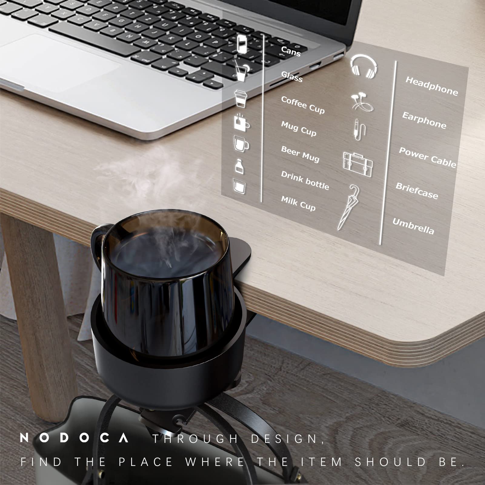 NODOCA Desk Cup Holder, 3.3 inches Diameter Cup Holder with 2 Space Saving Hangers for Headset/Bag/Hat, 360 Degree Rotation Desk Drink Holder, Headphone Hanger for Office, Home(Black)