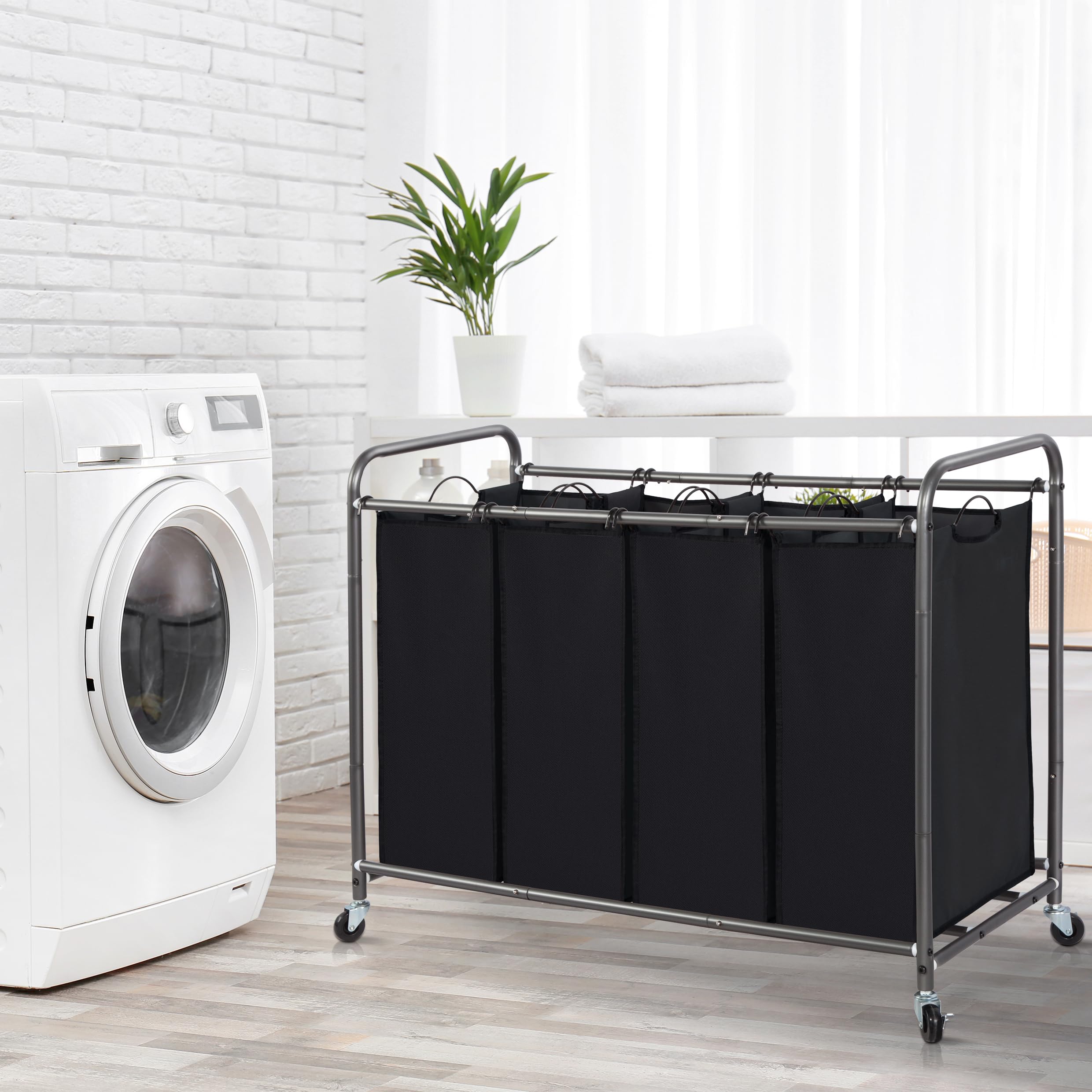 STORAGE MANIAC Laundry Sorter 4 Section, Hamper with Wheels and Removable Bags, Black