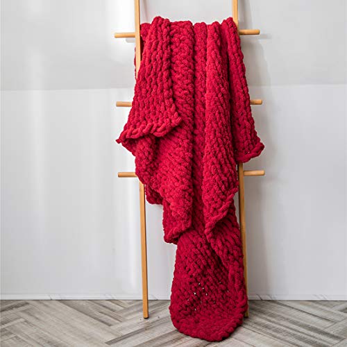 vctops Boho Chenille Chunky Knit Throw Blanket Super Soft Warm Cozy Hand Knit Blankets for Couch Bed Sofa Chair (Red,31"x39")