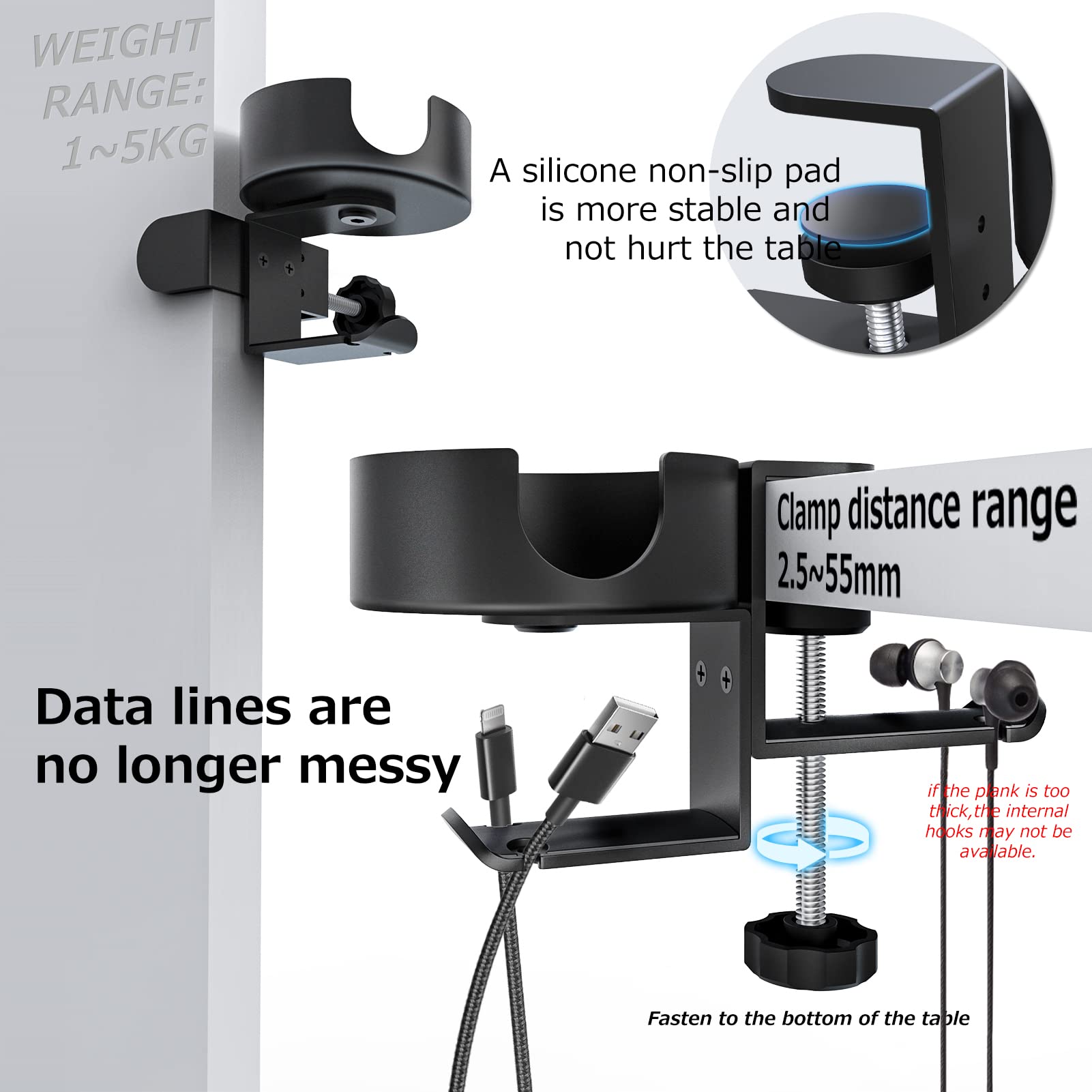 NODOCA Desk Cup Holder, 3.3 inches Diameter Cup Holder with 2 Space Saving Hangers for Headset/Bag/Hat, 360 Degree Rotation Desk Drink Holder, Headphone Hanger for Office, Home(Black)