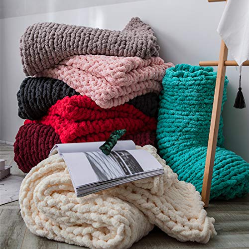 vctops Boho Chenille Chunky Knit Throw Blanket Super Soft Warm Cozy Hand Knit Blankets for Couch Bed Sofa Chair (Red,31"x39")
