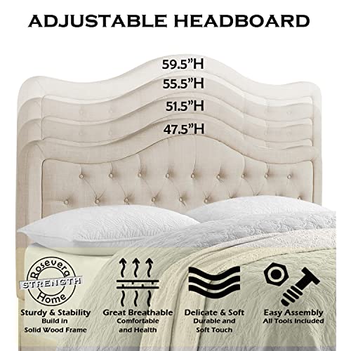 Rosevera Niana Upholstered Tufted Natural Linen Adjustable Headboard Bed with Adjustable Height for Bedroom, King, Wave Top Beige