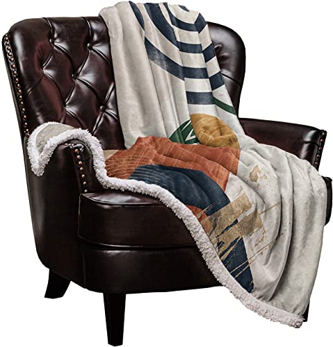 Mid Century Sherpa Flannel Throw Blankets,Boho Abstract Leaf Thick Reversible Plush Fleece Blanket for Bed Couch Sofa,Geometric Minimalist Aesthetic Ultra Soft Comfy Warm Fuzzy TV Throws 40x50in