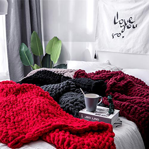 vctops Boho Chenille Chunky Knit Throw Blanket Super Soft Warm Cozy Hand Knit Blankets for Couch Bed Sofa Chair (Red,31"x39")