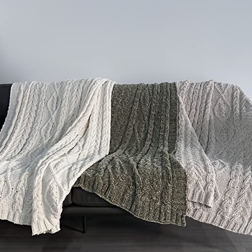 Knitted Luxury Chenille Throw Super Soft Throw Blanket for Sofa Bed All Season Decorative Couch Blanket 50x60 Light Grey