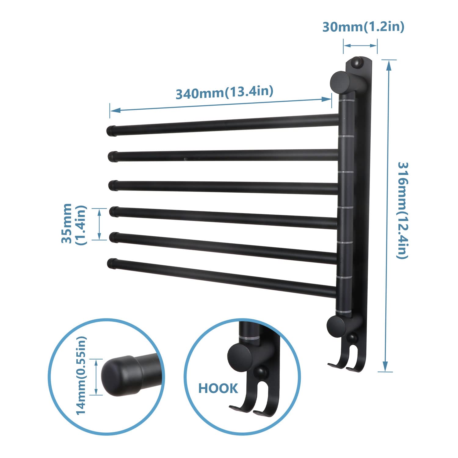 Space Saving Towel Rack JSVER Black Space Saving Towel Holder, Towel Rack Wall Mounted, Swivel Hand Towel Holder, 6-Arms Towel Bar, Towel Racks for Bathroom