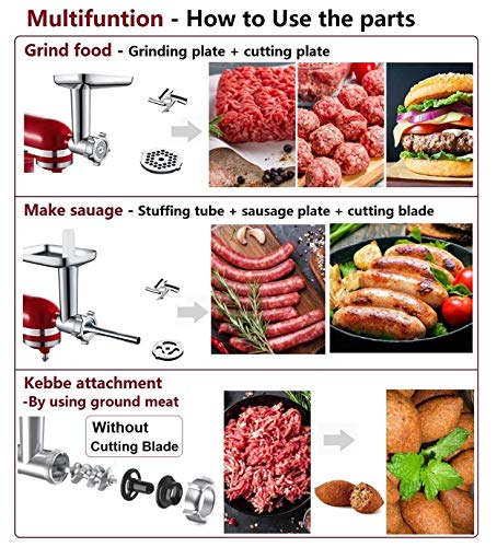 Metal Food Grinder Attachment for KitchenAid Stand Mixers, Kitchen aid Meat Grinder Included 3 Sausage Stuffer Tubes, 4 Grinding Plates, 2 Grinding Blades, Kubbe Meat Processor Accessories