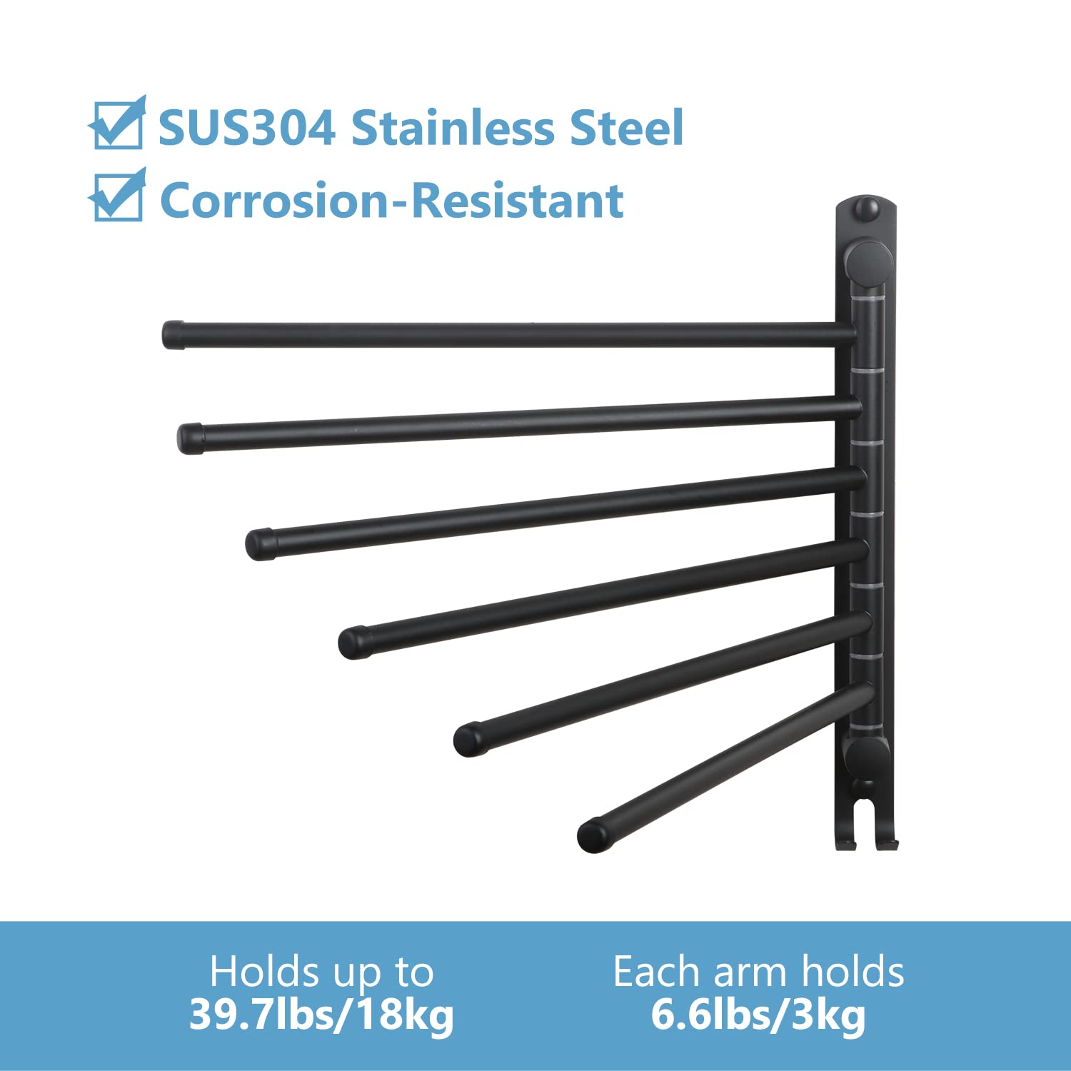 Space Saving Towel Rack JSVER Black Space Saving Towel Holder, Towel Rack Wall Mounted, Swivel Hand Towel Holder, 6-Arms Towel Bar, Towel Racks for Bathroom