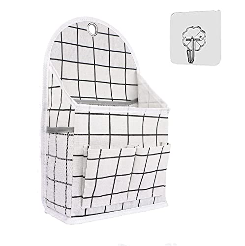 FYY Wall Hanging Storage Caddy Bag, Waterproof Over The Door Closet Organizer Basket with Hook Cotton Linen Storage Caddy Basket Pouch Bag for Bedroom Bathroom Living Room White