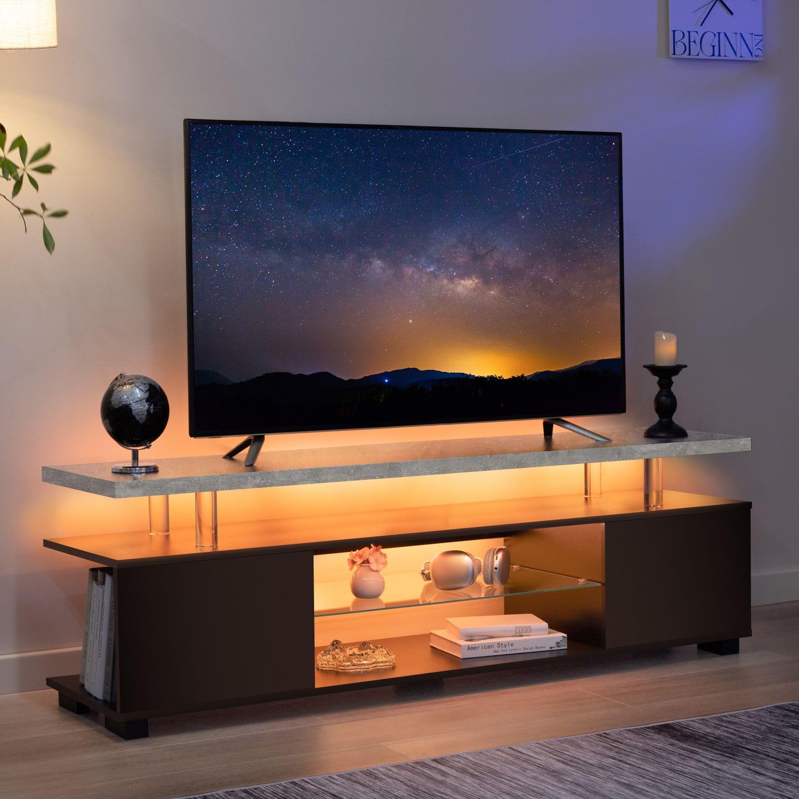 Cubehom Grey TV Stand 65 inch,LED TV Stand,Glass Entertainment Center TV Stand, TV Console Tables for Living Room,Bedroom,Home Office