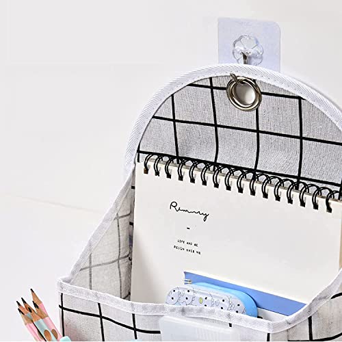 FYY Wall Hanging Storage Caddy Bag, Waterproof Over The Door Closet Organizer Basket with Hook Cotton Linen Storage Caddy Basket Pouch Bag for Bedroom Bathroom Living Room White